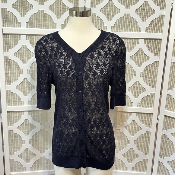 Talbots | Sweaters | Talbots Pointelle Cardigan Sweater Womens M Navy ...